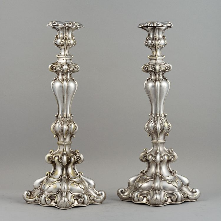 A pair of electroplate Shabbat candlesticks, Norblin & Co, Warsaw, 1896 ...