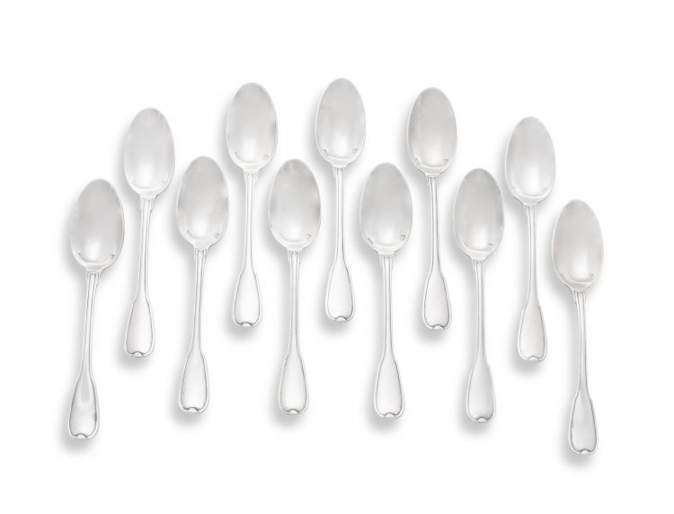 Eleven French silver 'Fiddle, Thread and Shell' pattern Ravinet d ...