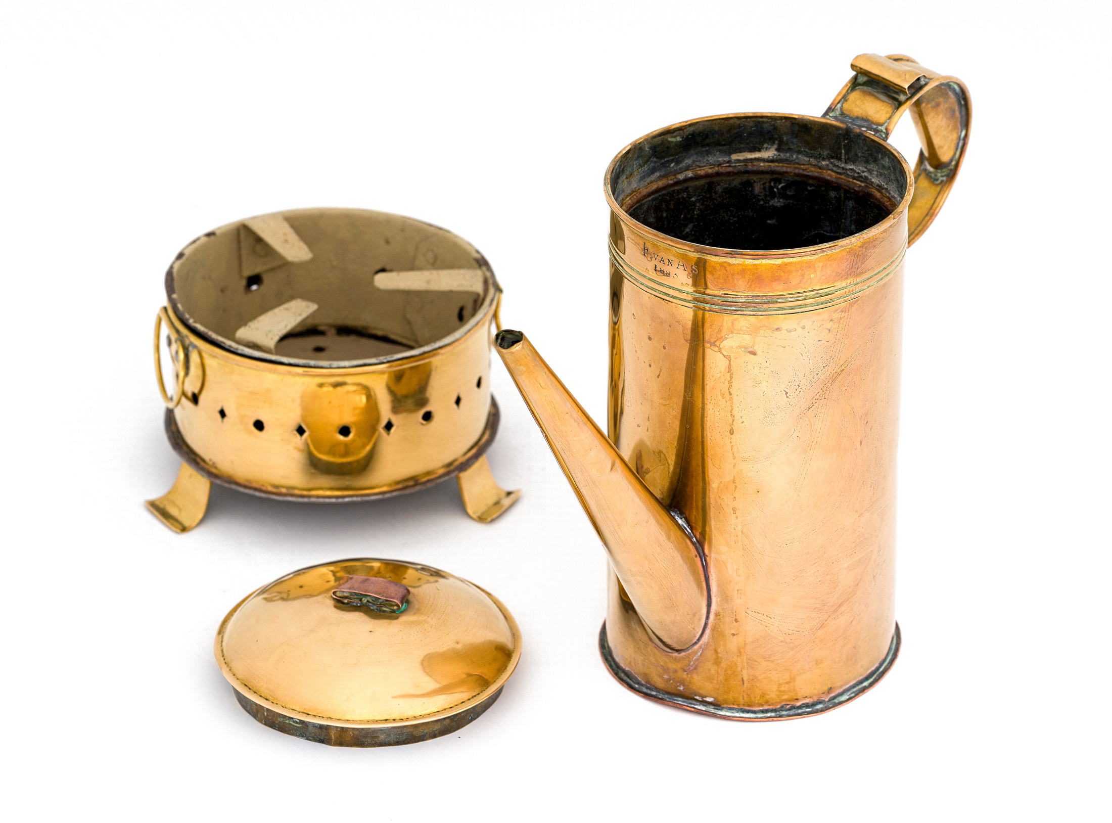 A Cape brass and copper coffee pot and konfoor, Frederik Nicolaas van ...